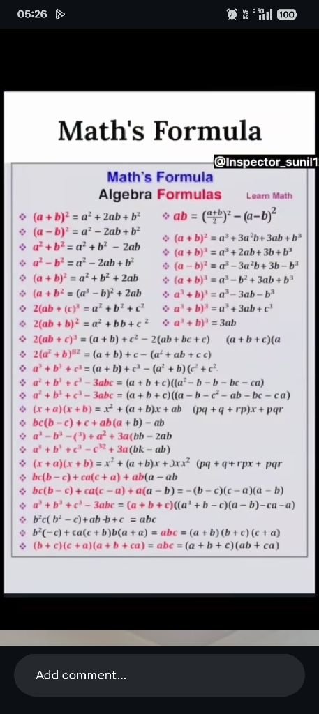 Math's Formula Algebra Formulas (a+b)² = a² + 2ab + b² (a-b)² = a² - 2ab..
