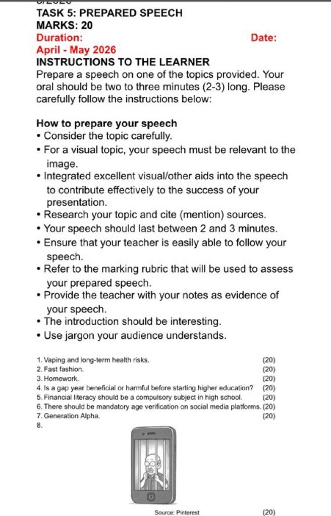 TASK 5: PREPARED SPEECH MARKS: 20 Duration: April - May 2026 Date: INSTR..