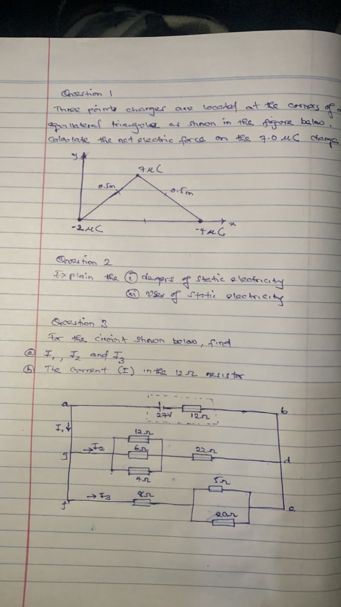 Question 1 Three point charges are located at the corners of an equilater..