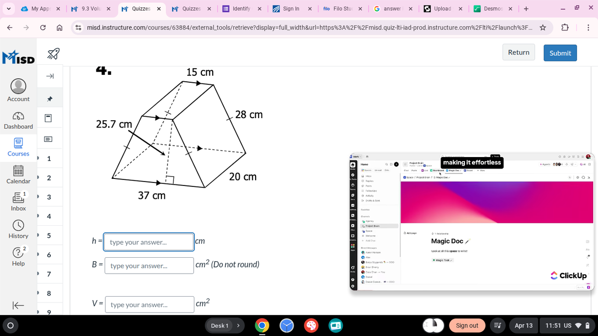 Given a diagram of a trapezoidal prism with the following dimensions: Top..