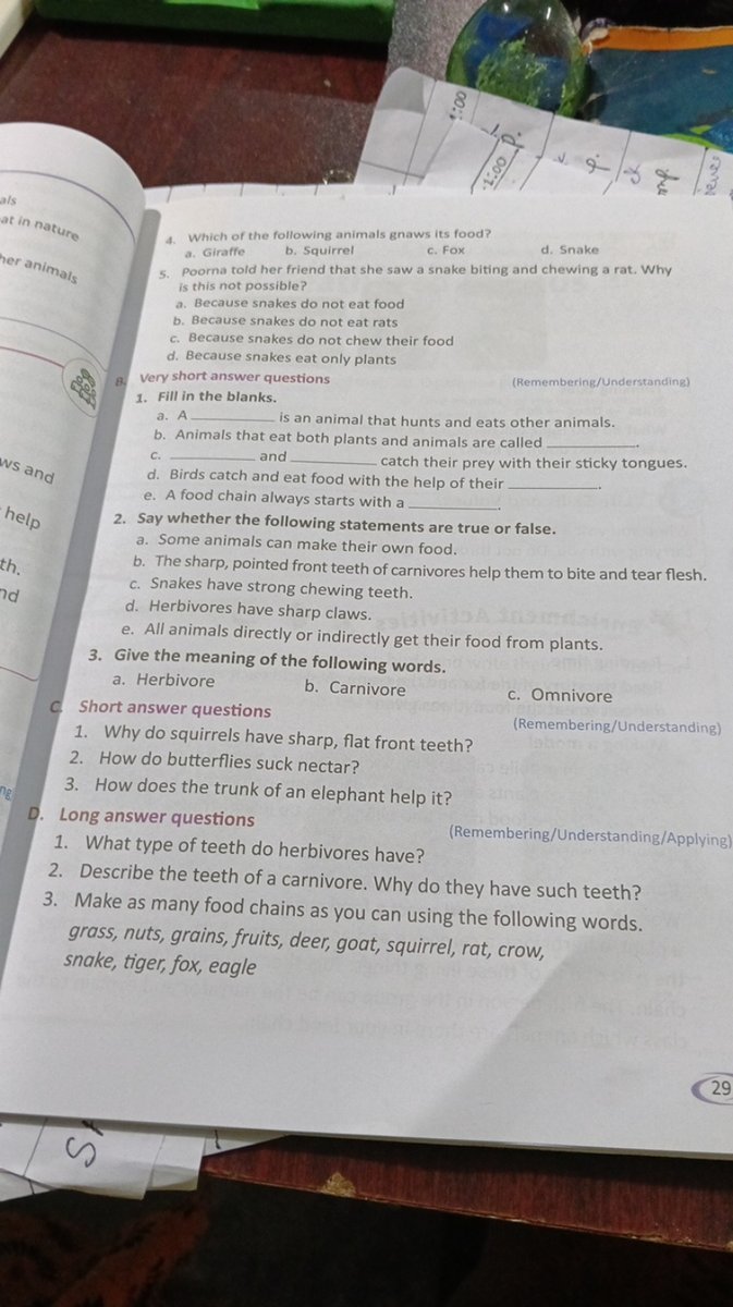 B. Very short answer questions Fill in the blanks. a. A __ is an anima..