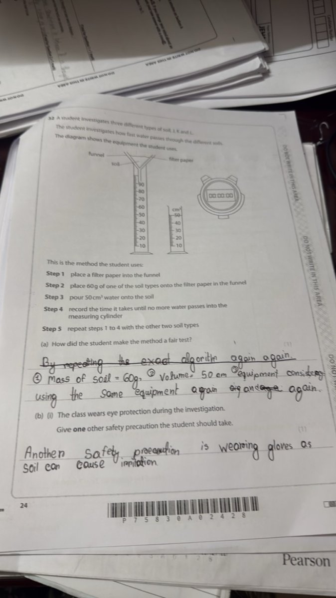 32 A student investigates three different types of soil, J, K and L. The