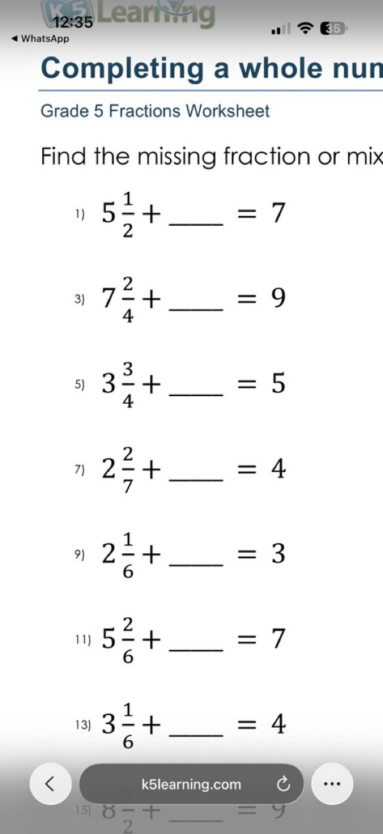 Completing a whole number Grade 5 Fractions Worksheet Find the missing f..