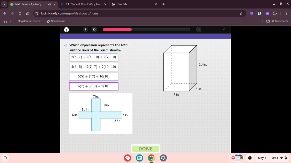 Which expression represents the total surface area of the prism shown? O..