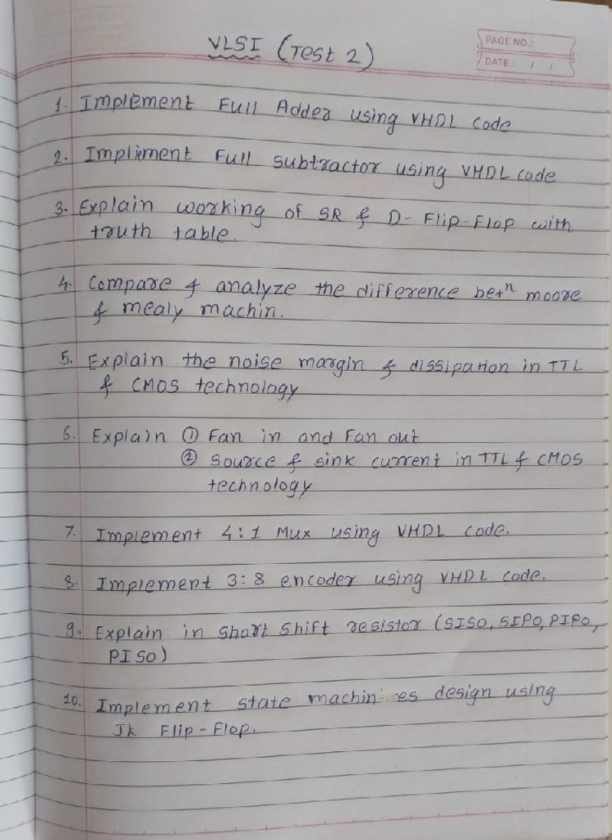 VLSI (Test 2) Implement Full Adder using VHDL code. Implement Full Subtr..