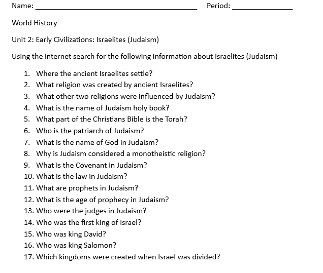 World History Unit 2: Early Civilizations: Israelites (Judaism) Using th..
