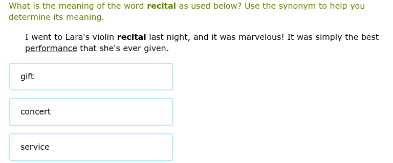 What is the meaning of the word recital as used below? Use the synonym to..