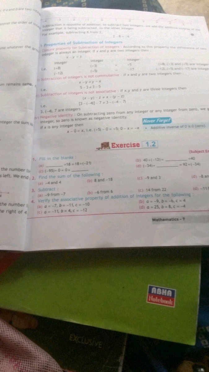 Exercise 1.2 Fill in the blanks: (a) __ + 18 = 18 + (-21) (b) 40 - (-12)..