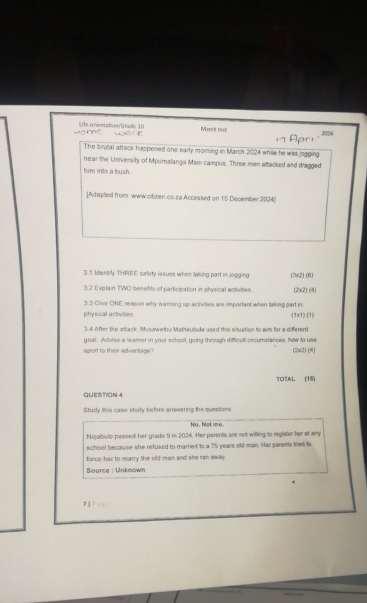 Life orientation/Grade 10 March test The brutal attack happened one earl..