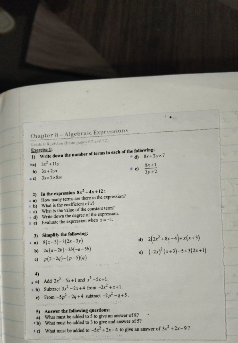 Chapter 8 - Algebraic Expressions Grade 8 Revision (from pages 69 and 72)..