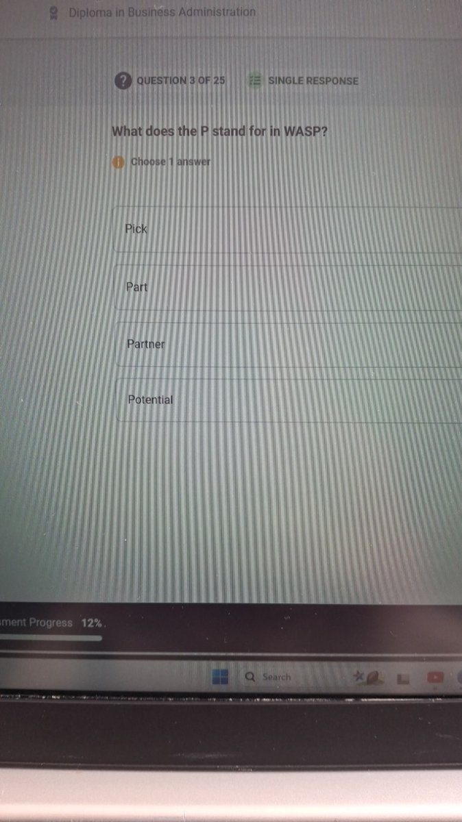 What does the P stand for in WASP? Choose 1 answer Pick Part Partner Po..