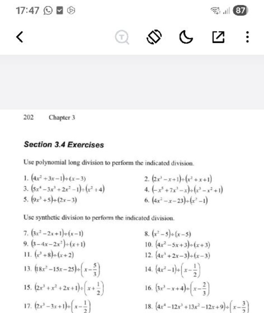 Section 3.4 Exercises Use polynomial long division to perform the indica..