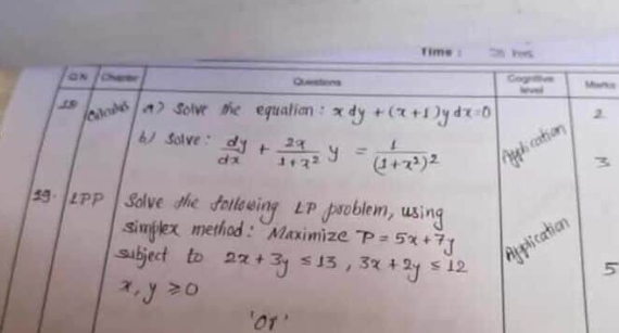 a) Solve the equation: x dy + (x + 1) y dx = 0 b) Solve: \frac{dy}{dx}
