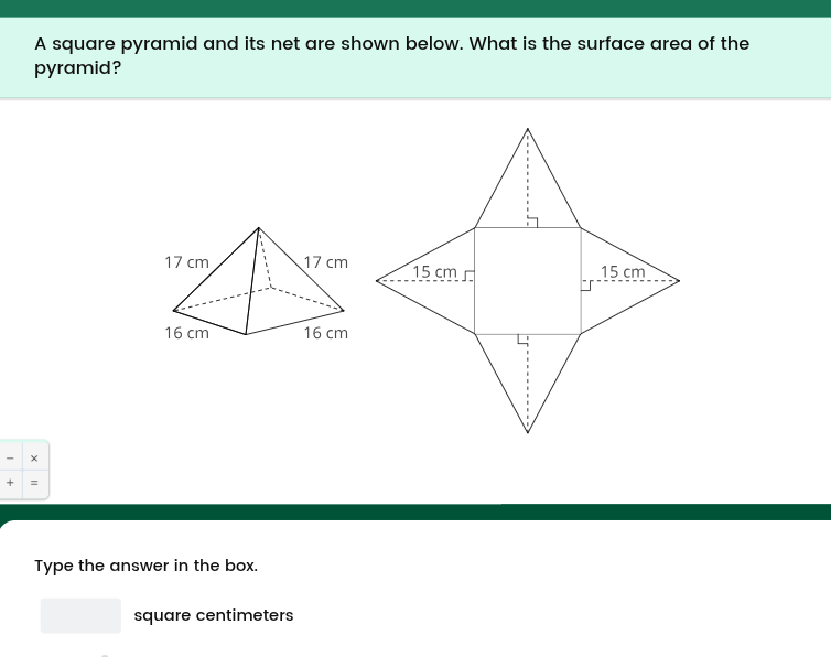 A square pyramid and its net are shown below. What is the surface area of..