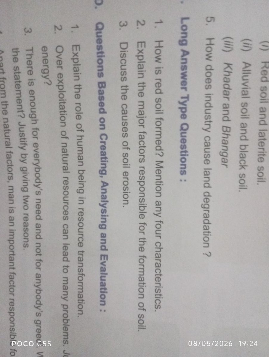 Here are some long answer type questions: How is red soil formed? Mentio..