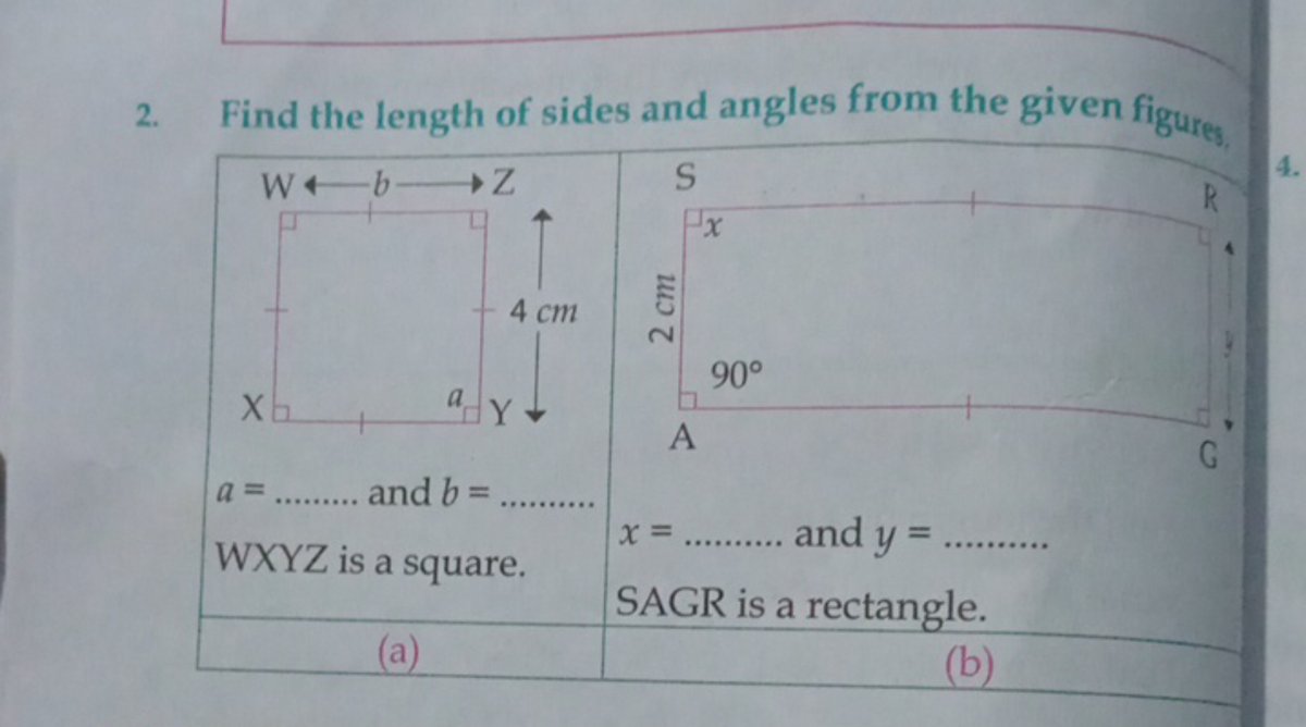 Find the length of sides and angles from the given figures. (a) WXYZ is