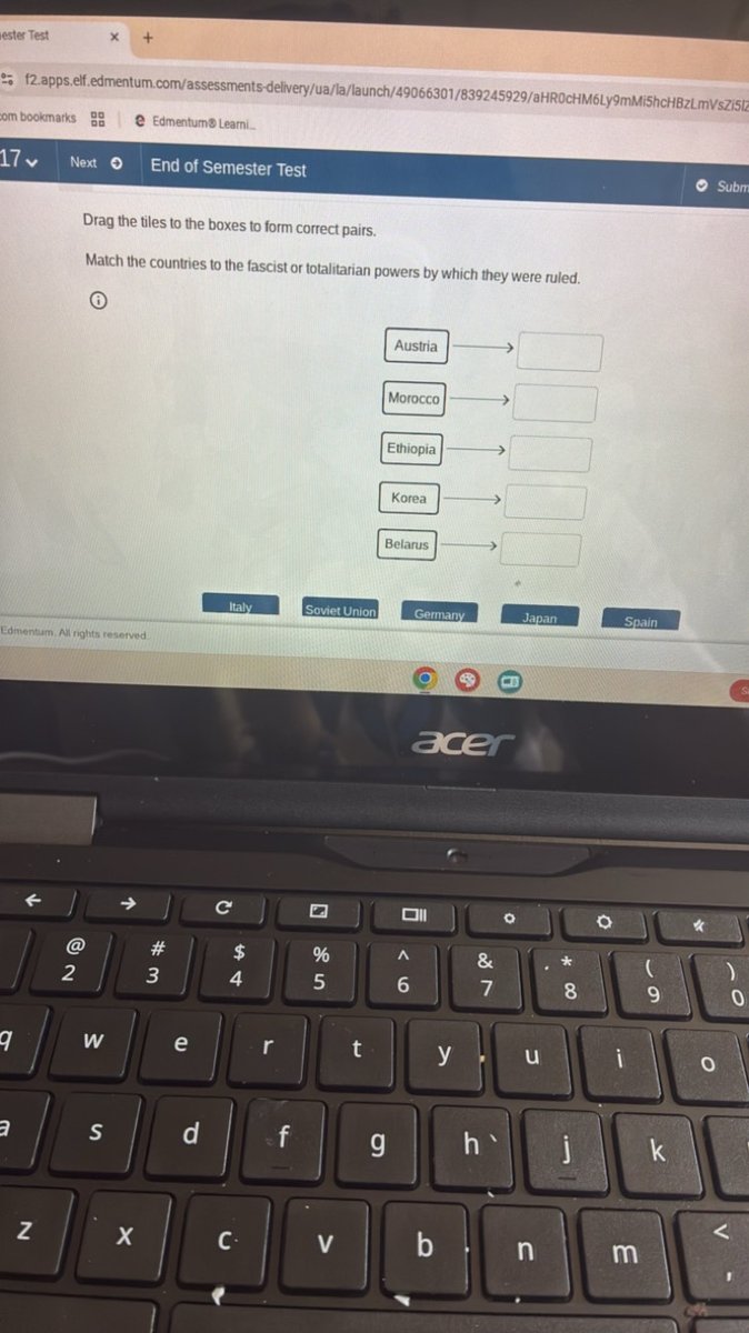 Drag the tiles to the boxes to form correct pairs. Match the countries t..