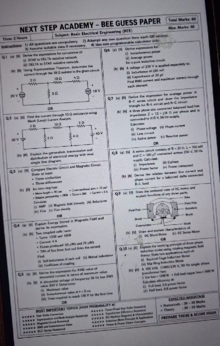 Basic Electrical Engineering (BEE) Guess Paper Time: 2 Hours Total Marks:..